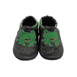 Yalion Babyschuhe aus Leder mit rutschfester Sohle – Schwarz mit Frosch-Muster | Gr.: 17/18