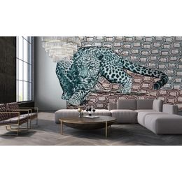 Livingwalls LIVING WALLS Vliestapete "Leoparden-Tapete mit Retro-Muster T&uuml;rkis Braun", B/L: 2,5mm x 5mm, Rollen:grau, Wohnzimmer, Tapeten