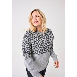 Rundhalspullover Only CARMAKOMA "CARJADE ZEBRA L/S O-NECK KNT", Damen, Gr. S, light grau melange pattern:dunkelgrau mel, Strick, Obermaterial: 81% Polyacryl, 19% Polyester, gemustert, h&uuml;ftbedeckend, Rundhals, Pullover Rundhalspullover