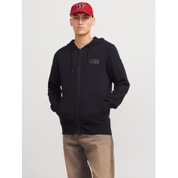 Jack & Jones Kapuzensweatjacke JACK & JONES "JJECORP LOGO SWEAT ZIP HOOD", Herren, Gr. XL, schwarz (schwarz detail:small print, schwarz), angeraute Sweatware, Obermaterial: 70% Baumwolle, 30% Polyester, unifarben, regular fit hüftbedeckend, Rundhals, Rippbündchen, Sweatjacken