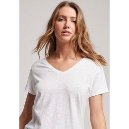 V-Shirt Superdry "STUDIOS SLUB EMB VEE TEE", Damen, Gr. L, wei&szlig; (optic), Single Jersey, Obermaterial: 60% Baumwolle, 40% Lyocell, unifarben, l&auml;ssig geschnitten h&uuml;ftlang, V-Ausschnitt, geschnittene Kante, Shirts, strukturiertes T-Shirt mit V-Ausschnitt und Stickerei