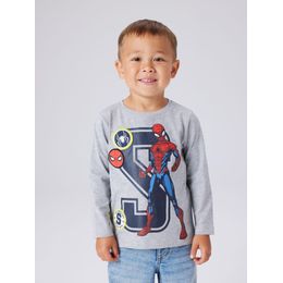 T-Shirt name it "NMMDEEP SPIDER LS NREG TOP BOX NOOS MAR", M&auml;dchen, Gr. 110, grau melange, Jersey, Obermaterial: 95% Baumwolle, 5% Elasthan, bedruckt, meliert, unifarben, Basic normal, Rundhals, Shirts T-Shirt