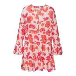 Longbluse Lascana, Damen, Gr. 52/54, bunt (orange, pink bedruckt), Web, Obermaterial: 58% Viskose, 28% Baumwolle, 14% Leinen, bedruckt, figurumspielend knieumspielend, Rundhals, Volant, Blusen Longbluse, mit modischen Volants