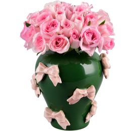 Dekovase Mirrors and More "BAILY", gr&uuml;n, rosa, B:21,5cm H:22cm, Keramik, Vasen, Bunte Dekovase mit Schleifen