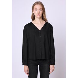 Langarmbluse STREET ONE STUDIO, Damen, Gr. 42, schwarz, Stoff, 100% Viskose, unifarben, klassisch normal, V-Ausschnitt, elastischer Bund, Blusen, in Unifarbe