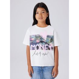 T-Shirt name it "NKFDYDISSI MONET SS NREG TOP NOOS ART", Jungen, Gr. 122/128, cloud dancer, Jersey, Obermaterial: 95% Baumwolle, 5% Elasthan, bedruckt, unifarben, Basic hüftlang, Rundhals, Shirts T-Shirt