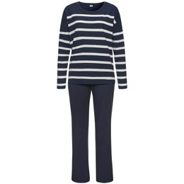 Pyjama s.Oliver, Damen, Gr. 36/38, blau (dunkelblau, weiß, gestreift), Single Jersey, Obermaterial: 60% Baumwolle, 40% Polyester, gestreift, unifarben, bequem lang, Rundhals, Homewear-Sets Pyjama, mit garngefärbten Streifen im Oberteil