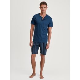 Shorty Calida "Relax Imprint 1", Herren, Gr. XXL (58/60), blau (insignia blau), Single Jersey, Obermaterial: 100% Baumwolle, bequem kurz, Rundhals, Homewear-Sets Shorty, mit Rundhalsausschnitt, Knopfleiste, kurze &Auml;rmel, Single Jersey