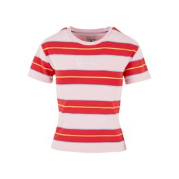 T-Shirt Karl Kani "Karl Kani Damen KW213-040-1 KK Small Signature Stripe Tee", Damen, Gr. XS, rose, rot, gelb, 95% Baumwolle, 5% Elasthan, gestreift, normal, Rundhals, Shirts T-Shirt