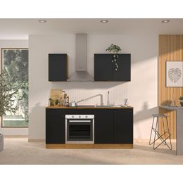 K&uuml;chenzeile GAMI "180 cm EDEN ohne E-Ger&auml;te", grau (k&uuml;che: schwarz, front: schwarz, korpus: eiche helvezia nachbildung, arbeitsplatte: eiche helvezia nachbildung), B:180cm H:200cm T:60cm, Komplettk&uuml;chen-Sets, K&uuml;chenzeile, melaminbeschichtet, pflegeleicht, ohne Elektroger&auml;te, ohne Auslass