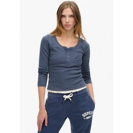 Langarmshirt Superdry "ATHLETIC BUTTON DOWN LS TOP", Damen, Gr. M/L, blau (mariner navy), Feinripp, Obermaterial: 95% Baumwolle, 5% Elasthan, unifarben, skinny fit hüftlang, Rundhals, Bündchen, Shirts Langarmshirt, im Henley-Stil