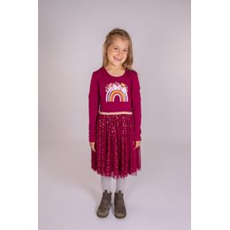 Jerseykleid happy girls, Mädchen, Gr. 152, N-Gr, lila (berry), Single Jersey, Obermaterial: 95% Baumwolle, 5% Elasthan. Futter: 100% Baumwolle. Unterteil: 100% Polyester, Glitzermuster, bedruckt, regular fit kniebedeckend, Rundhals, Kleider Jerseykleid, mit Tüllrock und hochwertiger Blütenapplikation auf dem Frontmotiv