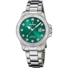 Quarzuhr Festina "Boyfriend Collection", silber (silberfarben, gr&uuml;n), Armbanduhren, Damen, Quarzuhr, Armbanduhr, Damenuhr, Edelstahlarmband, bis 10 bar wasserdicht, Datum