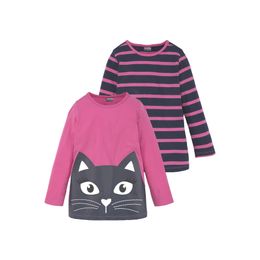 Langarmshirt Kidsworld "für kleine Mädchen", Mädchen, Gr. 104/110, pink, marine, Single Jersey, Obermaterial: 100% Baumwolle, bedruckt, gestreift, figurumspielend hüftbedeckend, Rundhals, abgesteppte Kante, Shirts Langarmshirt, Langarm, lässige Passform