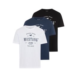 T-Shirt Mustang "Style Alex 3-Pack", Damen, Gr. S, schwarz (wei&szlig;, blau, schwarz), Jersey, Obermaterial: 100% Baumwolle, bedruckt, regular fit normal, Rundhals, Shirts T-Shirt, mit plakativem Druck