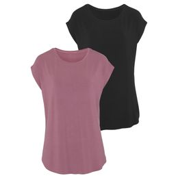 Longshirt Lascana "mit stark gerundetem Saum", Damen, Gr. 32/34, lila (beere, schwarz), Single Jersey, Obermaterial: 95% Viskose (LENZING&trade; ECOVERO&trade;), 5% Elasthan, unifarben, Basic, bequem Po-bedeckend, Rundhals, angeschnitten normaler Saum, Shirts Longshirt, aus weichem Viskose-Stretch