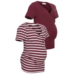Umstandsshirt Neun Monate "2er Pack T-Shirts f&uuml;r Schwangerschaft und Stillzeit", Damen, Gr. 44/46, rot (bordeaux, bordeaux, gestreift), Jersey, Obermaterial: 95% Baumwolle, 5% Elasthan, geringelt, unifarben, Basic, V-Ausschnitt, Shirts Umstandsshirt, f&uuml;r bequemes Stillen