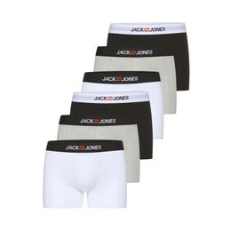 Jack & Jones Trunk JACK & JONES "JACOLD &ndash; Boxershorts mit farbigem Bund im 6er-Pack", Herren, Gr. M, 6 Stk., wei&szlig; (wei&szlig; pack:lgm, schwarz, wei&szlig;, lgm, schwarz), Jersey, Obermaterial: 95% Baumwolle, 5% Elasthan, meliert, unifarben mit Farbeinsatz, normal, Unterhosen, Druck, modisch, regular fit, Jersey