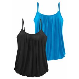 Spaghettitop Lascana "mit dekorativen Falten", Damen, Gr. 32/34, blau (t&uuml;rkis, schwarz), Obermaterial: 95% Viskose, 5% Elasthan, unifarben, bequem, tiefer Rundhals, Tops, aus weicher Viskose-Qualit&auml;t