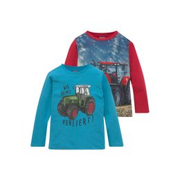 Langarmshirt Kidsworld "Traktoren", Jungen, Gr. 104/110, bunt (rot, türkis), Single Jersey, Obermaterial: 100% Baumwolle. Obermaterial Vorderteil: 100% Polyester. Vorderteil: 100% Polyester, bedruckt, Basic, Rundhals, Shirts Langarmshirt, Langarm, Basic-Passform, bedruckt