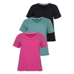 H.I.S. T-Shirt H.I.S "Essential-Basics", Damen, Gr. 48/50, bunt (schwarz, pink, t&uuml;rkis), Single Jersey, Obermaterial: 100% Baumwolle, unifarben, Basic, figurumspielend h&uuml;ftlang, V-Ausschnitt, Shirts T-Shirt, figurumspielender Schnitt, aus Baumwolle