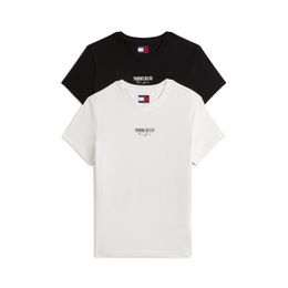 Kurzarmshirt Tommy Jeans "TJW 2PACK ESSENTIAL LOGO 2 TEE", Damen, Gr. L (40), beige (ecru, schwarz), Single Jersey, Obermaterial: 100% Baumwolle, bedruckt, Rundhals, Shirts