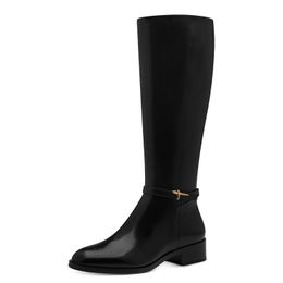 Tamaris Damen Stiefel, Gr. 38schwarz, Leder, unifarben, Schuhe, Blockabsatz, Langschaftstiefel mit T-Logoelement