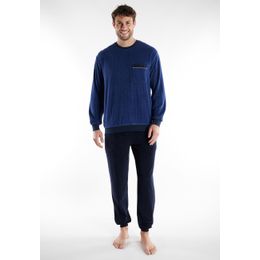 G&ouml;tzburg Schlafanzug G&Ouml;TZBURG "Kos", Herren, Gr. 50M, blau (blau, mittel, uni), Single Jersey, Obermaterial: 80% Baumwolle, 20% Polyester, bequem lang, Rundhals, angesetztes B&uuml;ndchen, Homewear-Sets Schlafanzug, mit Brusttasche, langen &Auml;rmeln und Rundhalsausschnitt