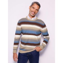 Rundhalspullover CLASSIC "Rundhals-Pullover", Herren, Gr. 56, ecru, mittelblau, geringelt, 100% Polyacryl, gemustert, gestreift, mehrfarbig, Pullover Rundhalspullover