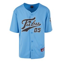 T-Shirt Fubu "Fubu Herren FM241-007-3 Fubu Varsity Baseball Jersey", Damen, Gr. L, light blau, schwarz, creme, 100% Polyester, normal, V-Ausschnitt, Shirts T-Shirt