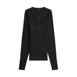 Langarmshirt Tommy Jeans "TJW 2PACK SLIM ESSENTIAL RIB LS", Damen, Gr. XS (34), schwarz (schwarz, schwarz), Single Jersey, Obermaterial: 95% Baumwolle, 5% Elasthan, Basic, slim fit h&uuml;ftlang, Rundhals, abgesteppt, Shirts Langarmshirt, in Rippoptik, mit Logostickerei