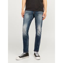Jack & Jones Slim-fit-Jeans JACK & JONES "JJIGLENN JJLUKE GE 938 NOOS", Herren, Gr. 31, Länge 34, blau (blau denim), Denim/Jeans, Obermaterial: 98% Baumwolle, 2% Elasthan, Abriebeffekte, slim fit knöchellang, Jeans Slim-fit-Jeans