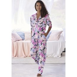 Pyjama Lascana, Damen, Gr. 32/34, rosa (rosa, blau, geblümt), Single Jersey, Obermaterial: 50% Baumwolle, 45% Viskose, 5% Elasthan, geblümt, bequem lang, V-Ausschnitt, eingesetzt Manschette, Homewear-Sets Pyjama, mit schönem Alloverdruck