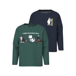 Langarmshirt name it "NMMVUX 2P LS TOP", Jungen, Gr. 104, bistro gr&uuml;n pack:navy blazer snowboard beast, Jersey, Obermaterial: 95% Baumwolle, 5% Elasthan, bedruckt, unifarben, regular fit normal, Rundhals, Shirts Langarmshirt