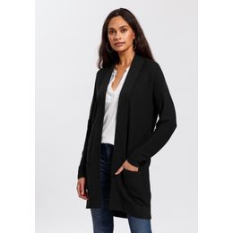 Longstrickjacke Tom Tailor, Damen, Gr. M (38), schwarz, Strick, Obermaterial: 100% Baumwolle, unifarben, figurumspielend Po-bedeckend, V-Ausschnitt, B&uuml;ndchen, Strickjacken Strickjacke Longstrickjacke, aus Rippstrick mit aufgesetzten Taschen