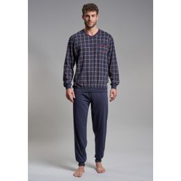 Götzburg Pyjama GÖTZBURG "Bronx", Herren, Gr. 48S, blau (navy), Single Jersey, Obermaterial: 100% Baumwolle, bedruckt, kariert, bequem lang, V-Ausschnitt, Homewear-Sets Pyjama, Langarm, V-Ausschnitt, lange Hose, Baumwolle, mit Muster