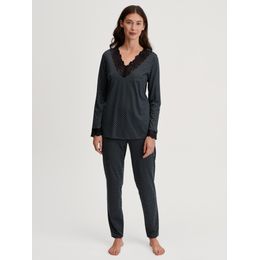 Schlafanzug Calida "Deep Dreams", Damen, Gr. XS (36/38), schwarz, Single Jersey, Obermaterial: 50% Baumwolle, 50% Modal (TENCEL&trade;), gepunktet, bequem lang, V-Ausschnitt, Spitzenkante, Homewear-Sets Schlafanzug, gepunktet, Spitze, V-Ausschnitt, temperaturausgleichend, lang&auml;rmelig