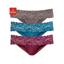 Brasilslip Vivance, Damen, Gr. 32/34, bunt (petrol, taupe, bordeaux), Single Jersey, Obermaterial: 95% Baumwolle, 5% Elasthan. Spitze: 93% Polyamid, 7% Elasthan (LYCRA), unifarben, bequem, Unterhosen, aus elastischer Baumwolle mit floraler Spitze
