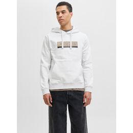 Jack & Jones Kapuzensweatshirt JACK & JONES "JORINWOOD BLOCK BRANDING SWEAT HOOD", Herren, Gr. S, hellwei&szlig; detail:melange, angeraute Sweatware, Obermaterial: 70% Baumwolle, 30% Polyester, meliert, regular fit normal, Rippb&uuml;ndchen, Sweatshirts