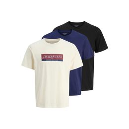 Jack & Jones Rundhalsshirt JACK & JONES "JORINWOOD BLOCK BRANDING TEE SS CN3PK MP", Damen, Gr. M, ocean cavern pack:with antique wei&szlig;, schwarz, Jersey, Obermaterial: 100% Baumwolle, bedruckt, normal, Rundhals, Shirts Rundhalsshirt