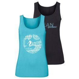Tanktop OCEAN SPORTSWEAR, Damen, Gr. 34, blau (schwarz, t&uuml;rkis), Single Jersey, Obermaterial: 95% Baumwolle, 5% Elasthan, unifarben, figurbetont, tiefer Rundhals, Tops Tanktop, mit unterschiedlichen Drucken