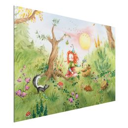 Bilderwelten Alu Dibond Outdoor Bild Wald gr&uuml;n Illustration Aquarell - Frida sammelt Kr&auml;uter - B&auml;ume Kinderzimmer Baby M&auml;dchen Jungen