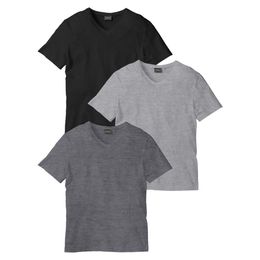 bonprix Damen T-Shirt "T-Shirt mit V-Ausschnitt (3er Pack)", grau, Gr. 52, Obermaterial: 60% Baumwolle, 40% Polyester, Shirts, T-Shirt mit