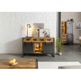 Sideboard Mango / Altholz 150x45x90 natur / grau lackiert / Metall grau BLACKBURN LUX #410