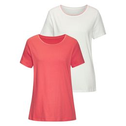 T-Shirt Vivance "mit modischer Kontraststickerei", Damen, Gr. 48/50, orange (apricot, creme), Single Jersey, Obermaterial: 100% Baumwolle, unifarben, unifarben mit Farbeinsatz, Basic normal, Rundhals, eingesetzt, Shirts T-Shirt, aus weicher Baumwoll-Qualit&auml;t