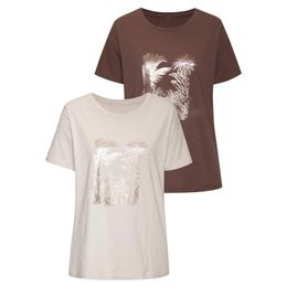 T-Shirt Vivance "mit goldfarben schimmerndem Folienprint", Damen, Gr. 40/42, beige (taupe, beige), Jersey, Obermaterial: 100% Baumwolle, bedruckt, metallic, bequem normal, Rundhals, Shirts T-Shirt, aus weicher Baumwoll-Qualit&auml;t, Topseller