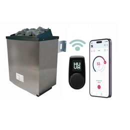 Saunaofen Karibu "f&uuml;r Au&szlig;ensteuerung 9 kW SET mit WiFi-Steuerung", silberfarben, schwarz, B:41cm H:37cm T:50cm, Edelstahl, Sauna&ouml;fen, mit WLAN-f&auml;higem Steuerger&auml;t