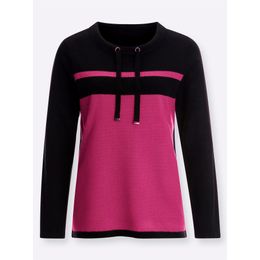Rundhalspullover Classic Basics "Langarm-Pullover", Damen, Gr. 38, schwarz, pink, 100% Polyacryl, gemustert, mehrfarbig, Pullover Rundhalspullover