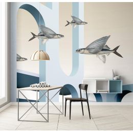 Livingwalls Vliestapete LIVING WALLS "Fototapete Fliegende Fische Blau Beige Architektur", hellblau, B:2,7m H:0,02m L:4m, Vlies, Tapeten