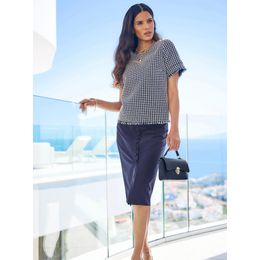 Kurzarmbluse Heine, Damen, Gr. 38, marine, ecru, gemustert, 98% Polyester, 2% metallisierte Fasern, gemustert, kariert, Rundhals, Blusen